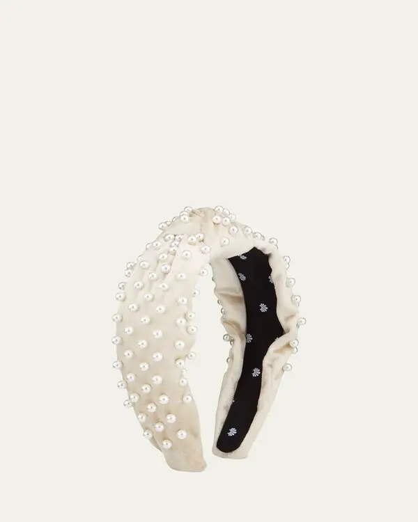 Lele Sadoughi Faux Pearl Beaded Velvet Knotted Headband Ivory NWT IVORY PEARL EMBELLISHED VELVET GIGI HEADBAND | Bella Bridesmaids main image 4