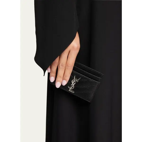 Saint Laurent Cassandre Monogram Card Case In Grained Leather - Black