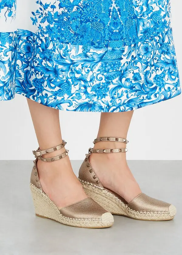 Valentino Garavani 85 Bronze Leather Wedge Espadrilles