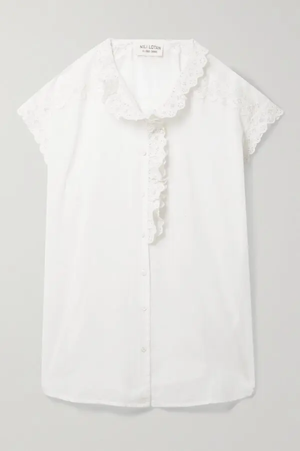 NILI LOTAN Leanne Lace-trimmed Cotton-voile Top