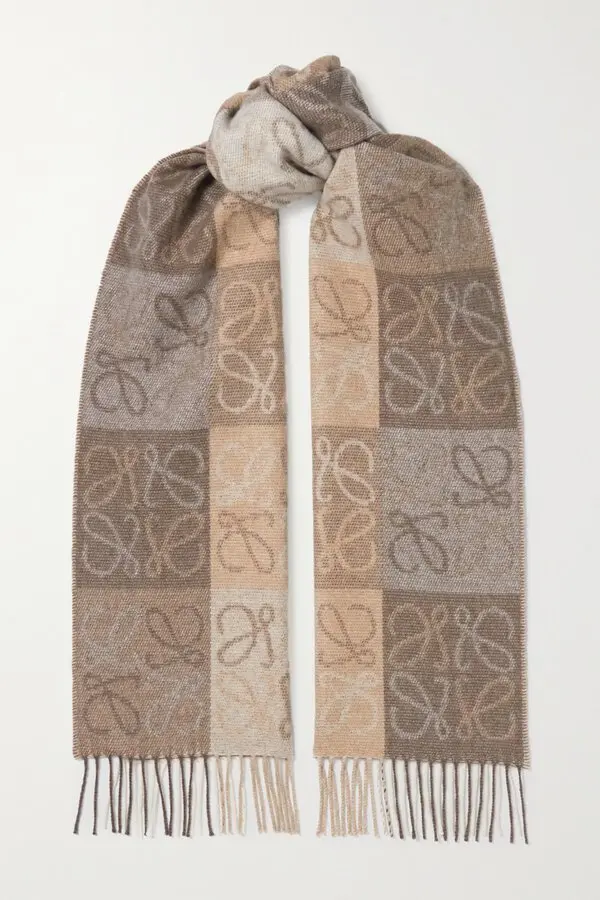 Loewe Fringed Intarsia Wool And Cashmere-blend Scarf - Neutrals