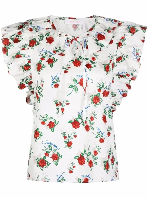 See By Chloé Floral-print Ruffle-collar Blouse - White