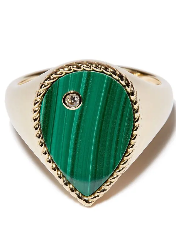 Yvonne Léon 9kt Yellow Malachite Pear Diamond Signet Ring