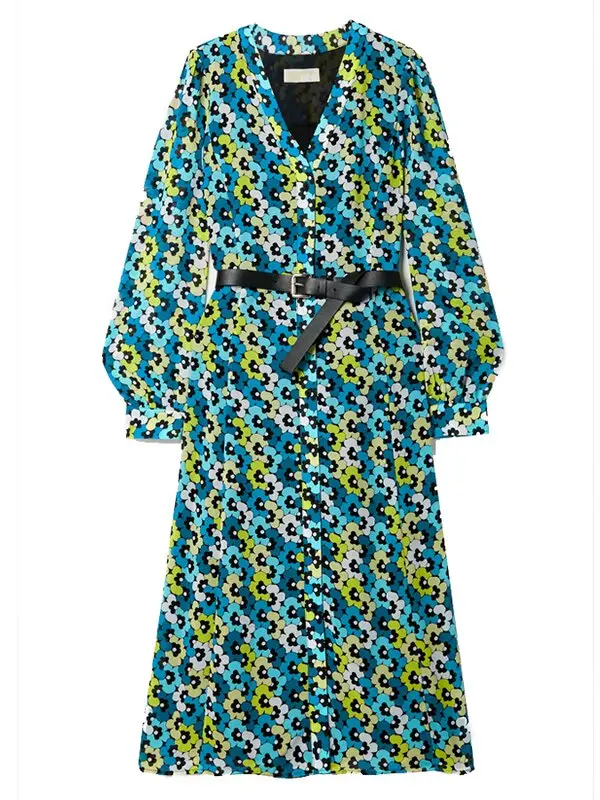 Michael Kors Kate Belted Floral-print Crepe Midi Dress