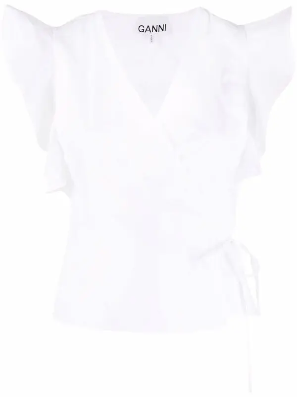 GANNI Ruffled-sleeve Wrap Top - White