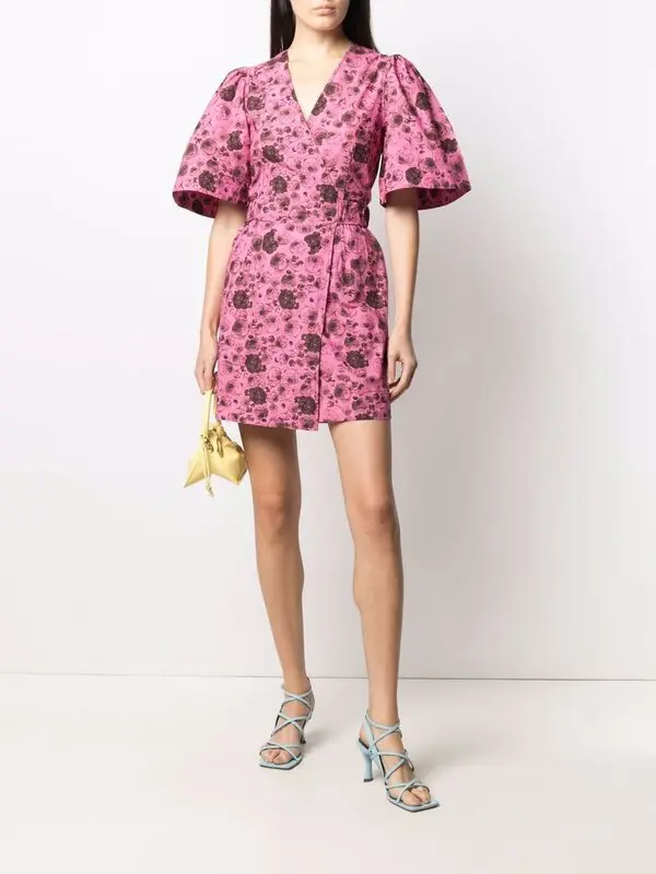 Ganni Floral-Print Wrap Dress - Pink | Editorialist