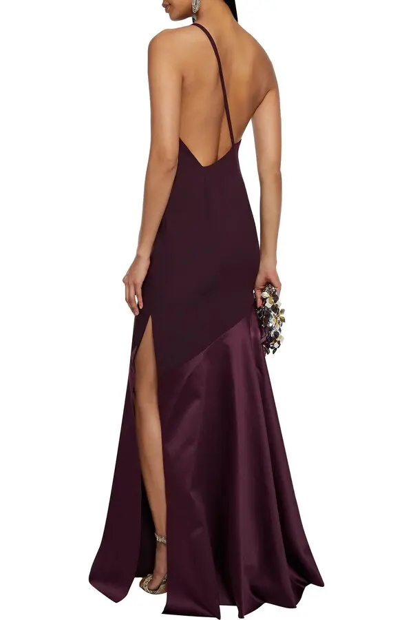 Solace London Violeta One-Shoulder Satin-Paneled Crepe Gown In Merlot - 50%  Off | Editorialist