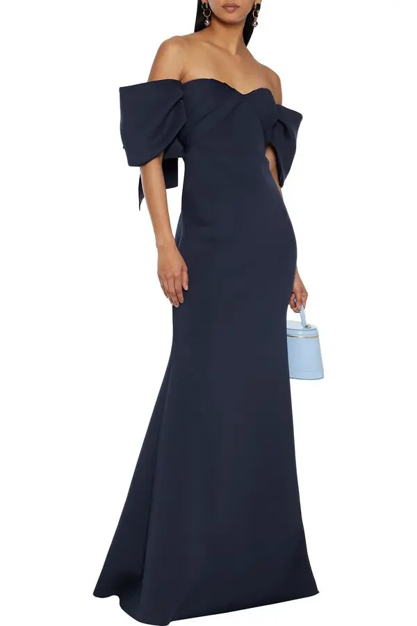 badgley mischka blue bow dress Badgley Mischka Strapless Velvet and Mikado Peplum Bow Dress, Size: 8 in Black Navy