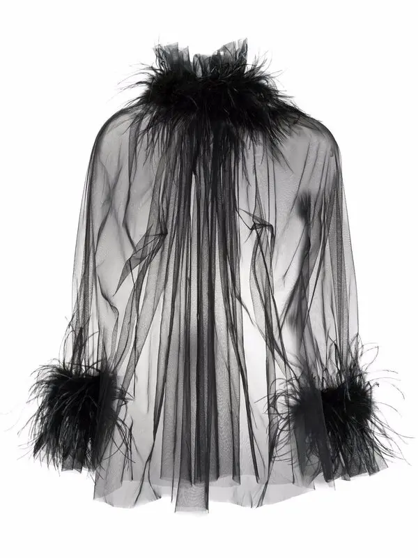 STYLAND Sheer Feather-trimmed Blouse