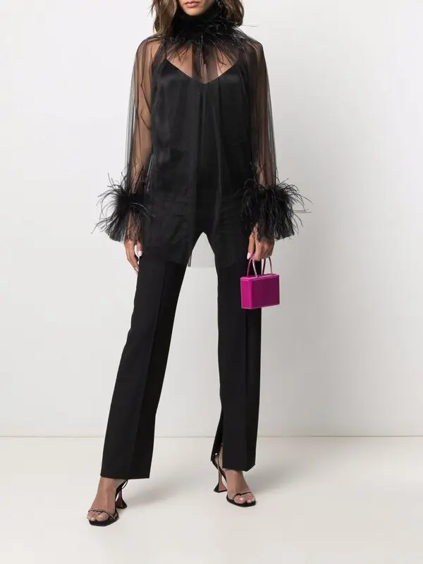 STYLAND Sheer Feather-trimmed Blouse