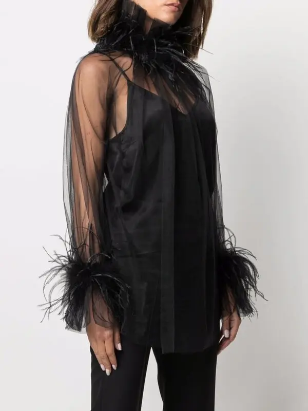 STYLAND Sheer Feather-trimmed Blouse