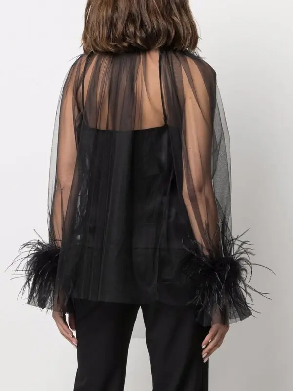 STYLAND Sheer Feather-trimmed Blouse