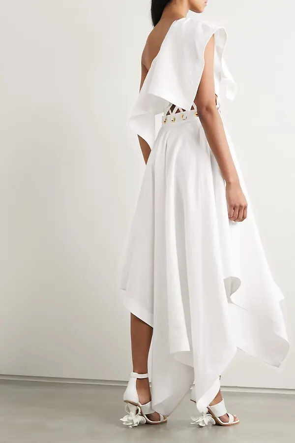 Alexander Mcqueen One-Shoulder Eyelet-Embellished Ruffled Linen-Poplin Gown  In White - 60% Off | Editorialist