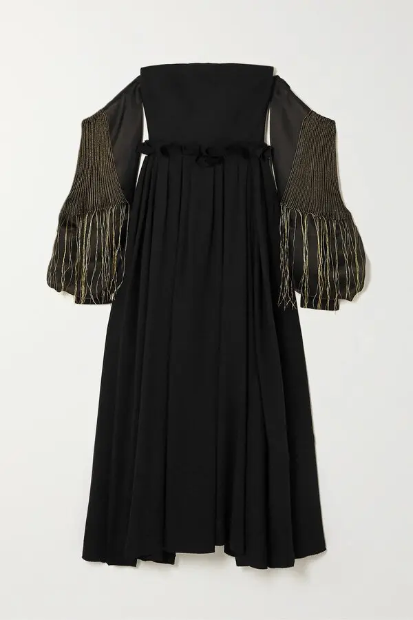Loewe Off-the-shoulder Leather-trimmed Wool And Embroidered Silk-organza Gown - Black