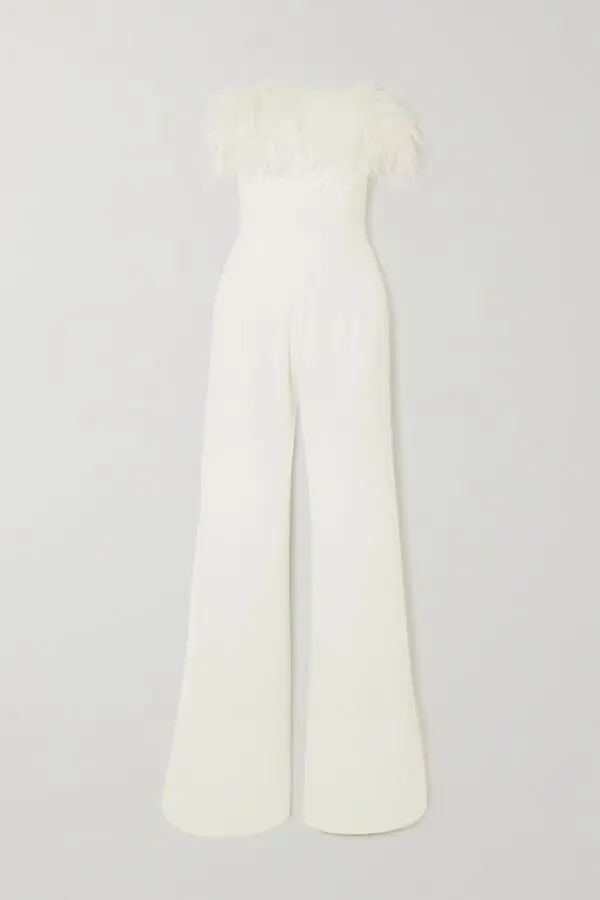 16Arlington Taree Feather-trimmed Crepe Jumpsuit - White