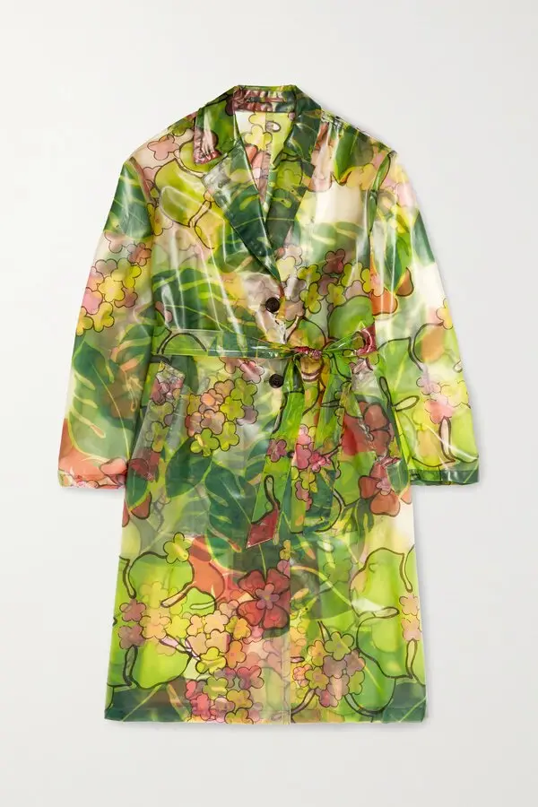 【DRIES VAN NOTEN】Belted floral-print trench coat コート Dries Van Noten Belted Floral-Print Pvc Trench Coat In Green
