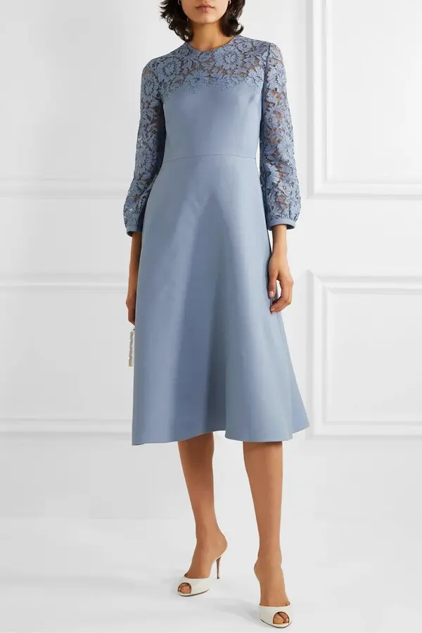 Valentino Garavani Guipure Lace-Trimmed Wool And Silk-Blend Crepe Midi Dress  In Blue - 50% Off | Editorialist