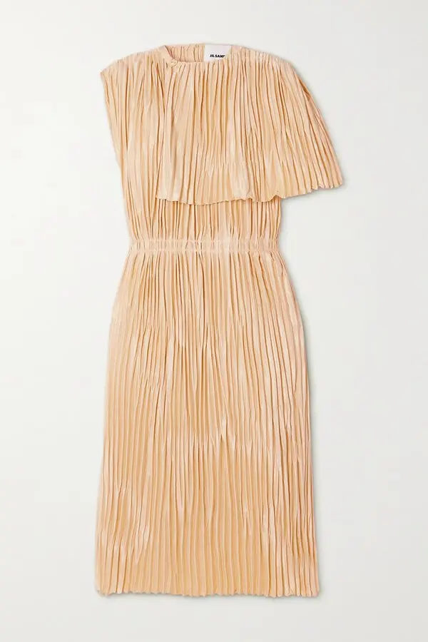 JIL SANDER Cape-effect Pleated Satin Midi Dress