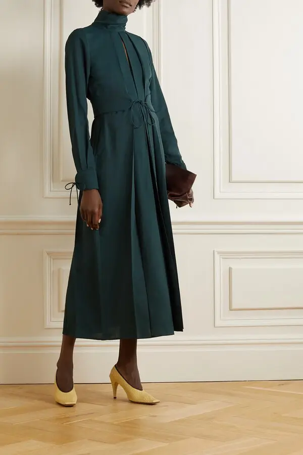 Victoria Beckham Belted Pleated Twill Midi Dress In Green - 60% Off |  Editorialist