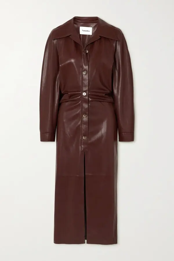 calvin klein brown dresses Miss Circle Women Parisia Cocoa Vegan Leather Drop Waist Midi Dress