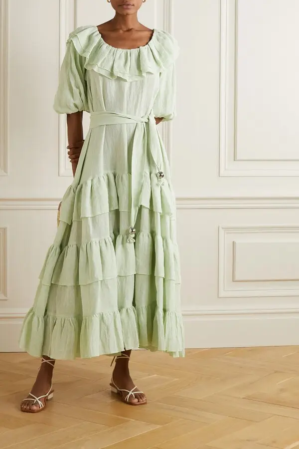 Lisa Marie Fernandez Eugenie Belted Ruffled Metallic Linen-Blend