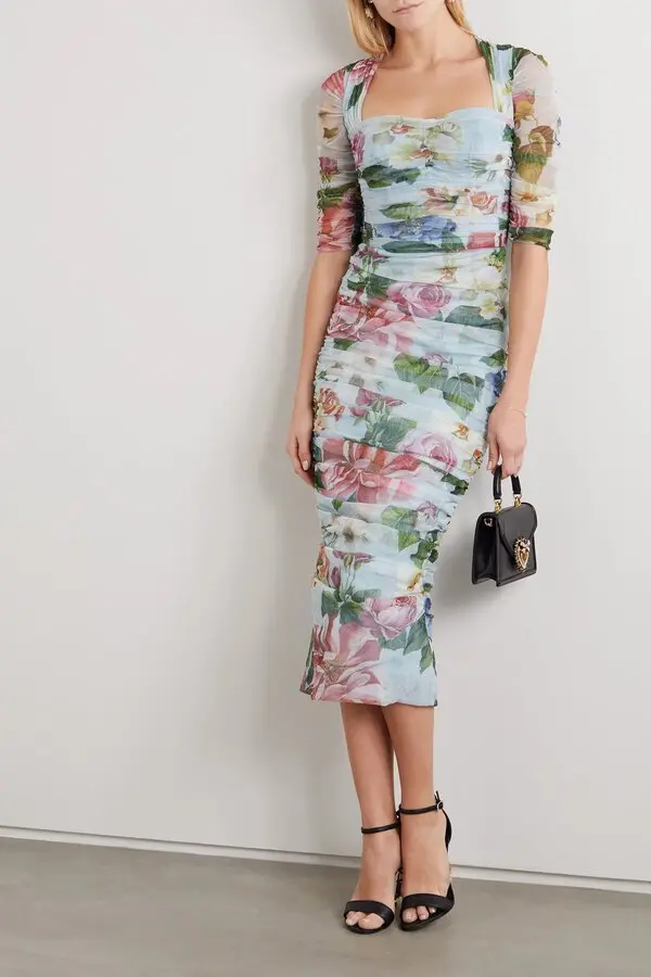Dolce & Gabbana Ruched Floral-Print Cotton-Tulle Midi Dress In Blue - 50%  Off | Editorialist