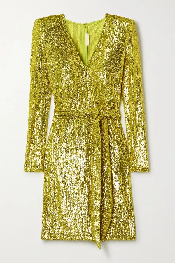 slim fit dress slacks Gold Sequin Wrap Dress – Plunging Neckline & Puff Sleeves By Sarvin main image 0
