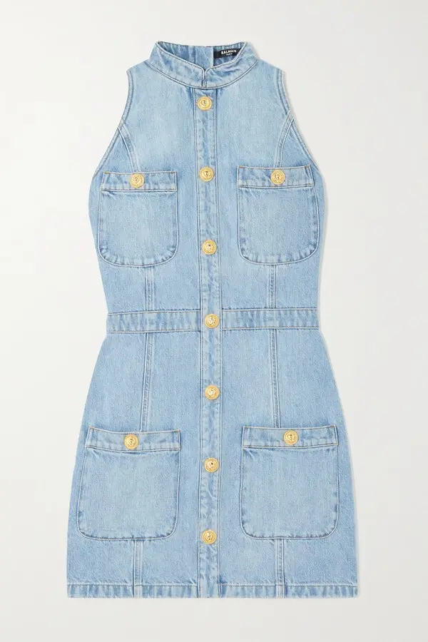 Balmain Button-embellished Denim Mini Dress
