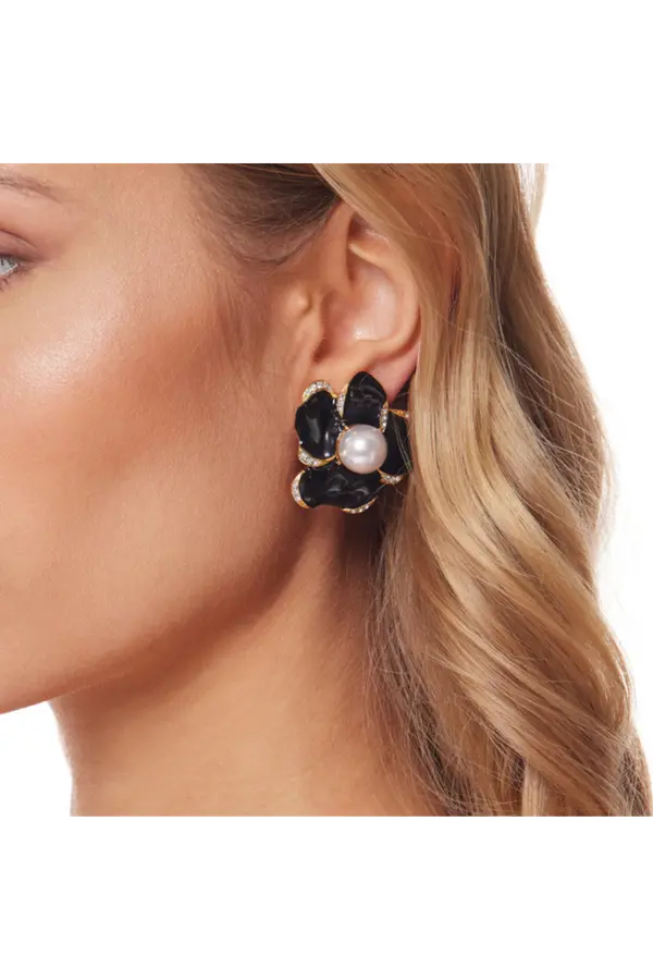 KENNETH JAY LANE Enamel Flower Clip On Earrings - Black