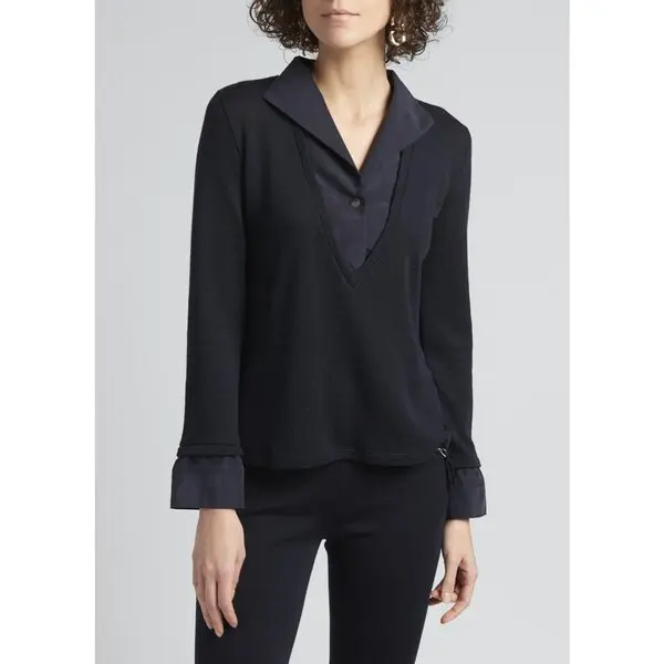 Giorgio Armani Wool Trompe L'oeil V-neck Top - Solid Dark Blue