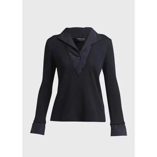Giorgio Armani Wool Trompe L'oeil V-neck Top - Solid Dark Blue