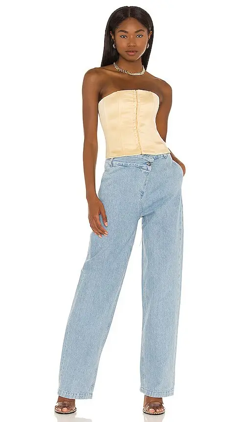 GUIZIO Satin Lace Up Corset - Pale Yellow