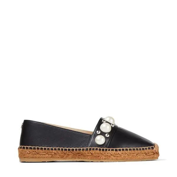 JIMMY CHOO Dru Flat Nappa Leather Espadrilles With Pearls And Studs /white