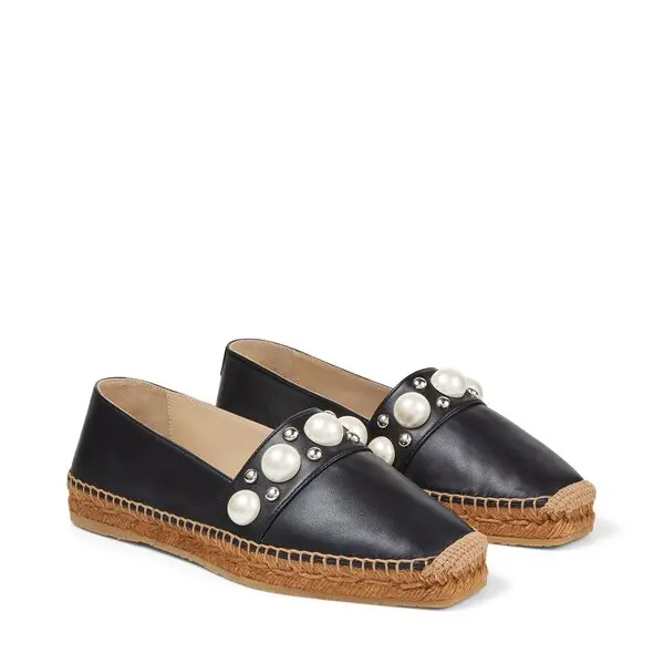 JIMMY CHOO Dru Flat Nappa Leather Espadrilles With Pearls And Studs /white