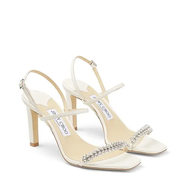 JIMMY CHOO Meira 85 Latte Nappa Sandals With Leaf Crystal Embellishment