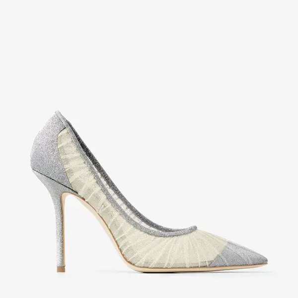 JIMMY CHOO Love 100 Metallic Silver Glitter Fabric Pumps With Ivory Tulle Overlay Multicolor