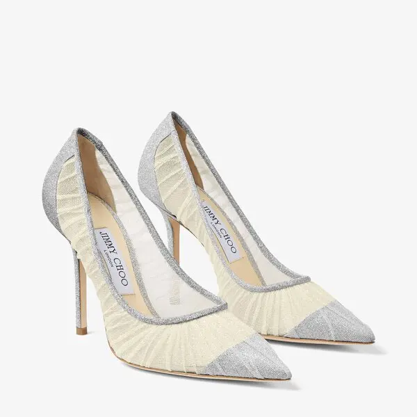 JIMMY CHOO Love 100 Metallic Silver Glitter Fabric Pumps With Ivory Tulle Overlay Multicolor