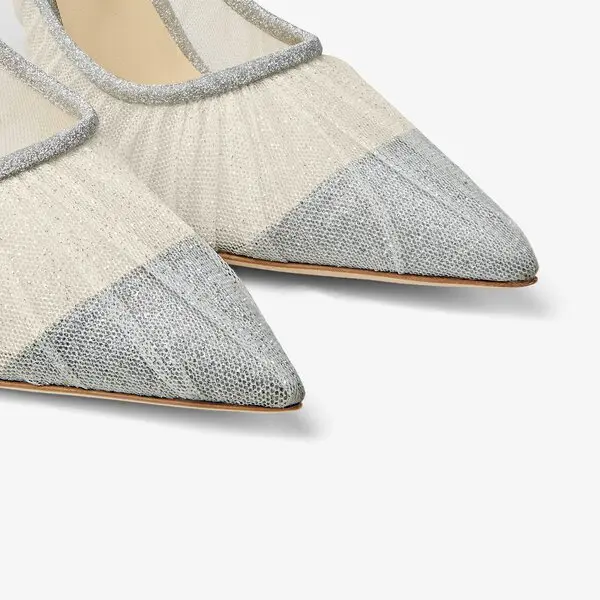 JIMMY CHOO Love 100 Metallic Silver Glitter Fabric Pumps With Ivory Tulle Overlay Multicolor