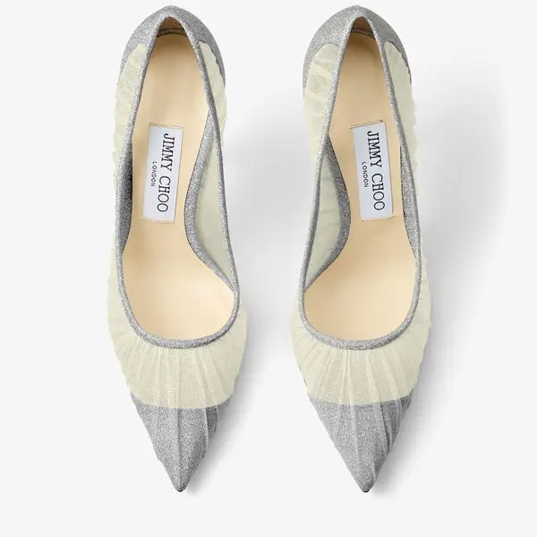 JIMMY CHOO Love 100 Metallic Silver Glitter Fabric Pumps With Ivory Tulle Overlay Multicolor
