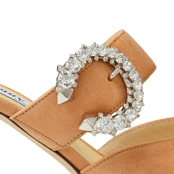JIMMY CHOO Marta 70 Caramel Suede Mules With Crystal Buckle