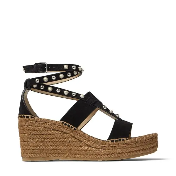 JIMMY CHOO Danica 80 Black Suede Espadrille Wedges With Pearls And Studs