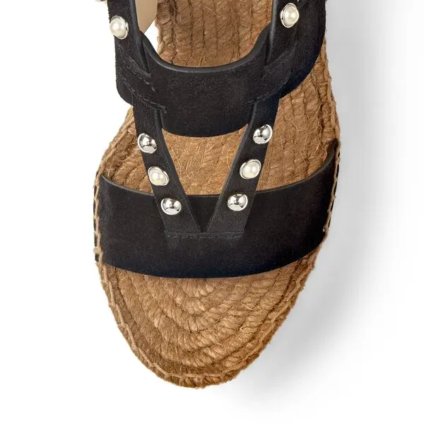 JIMMY CHOO Danica 80 Black Suede Espadrille Wedges With Pearls And Studs