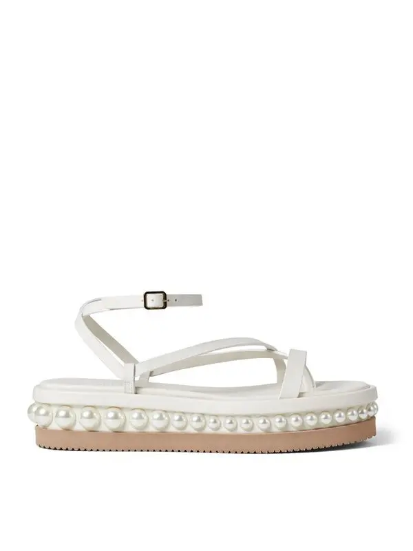 JIMMY CHOO Pine Flat Latte Vachetta Leather Platform Sandals With Pearl Embellishment