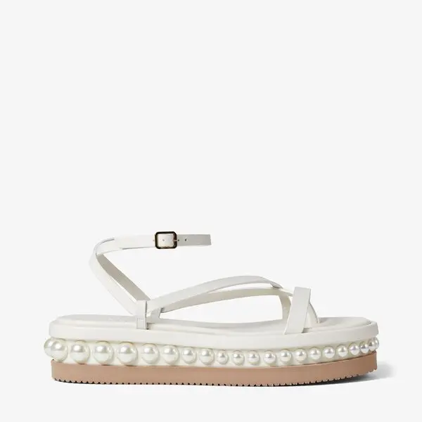 JIMMY CHOO Pine Flat Latte Vachetta Leather Platform Sandals With Pearl Embellishment