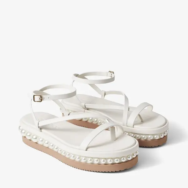 JIMMY CHOO Pine Flat Latte Vachetta Leather Platform Sandals With Pearl Embellishment
