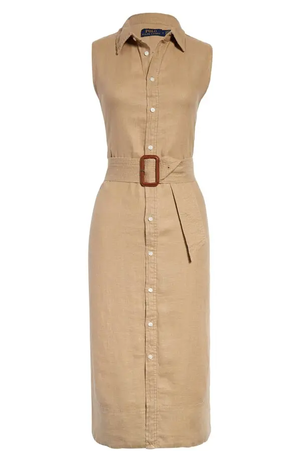 Ralph Lauren Kingsley Sleeveless Midi Linen Shirtdress - Tan | Editorialist