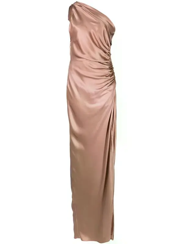 michelle mason one-shoulder draped silk dress Michelle Mason Draped One Shoulder Gown in Blush