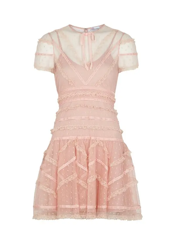 open lace back dress Valentino Women's Butterfly Lace Knit Mini Dress - Red main image 1