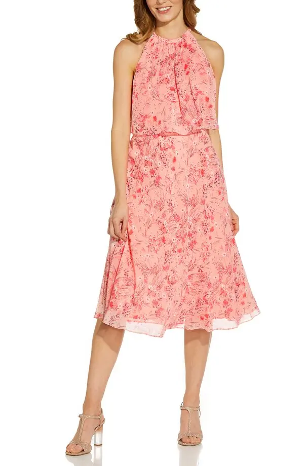 Adrianna Papell Floral Chiffon Popover Dress - Halter Neck Midi Dress
