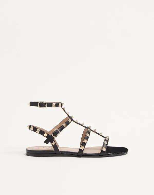 Valentino Garavani Rockstud Flat Calfskin Sandal With Straps - Black